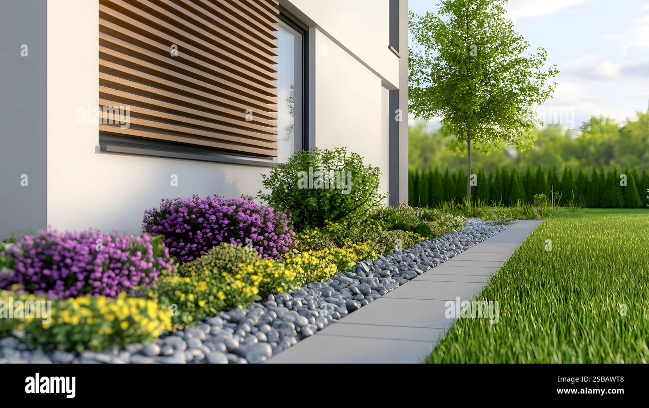 Minimalist rain garden feature integrated into the landscaping design ...