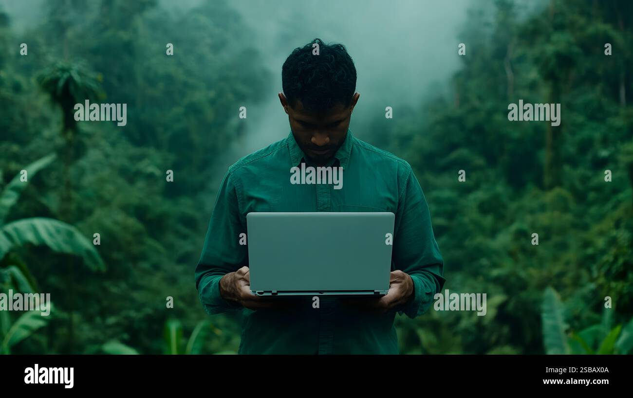 Scientist using a laptop in a humid rainforest surrounded by mist and ...