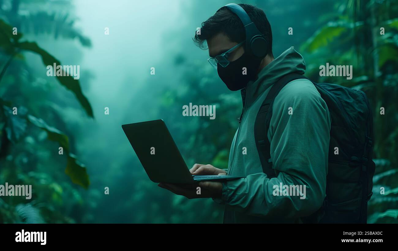 Focused scientist using a laptop to conduct digital research and data ...