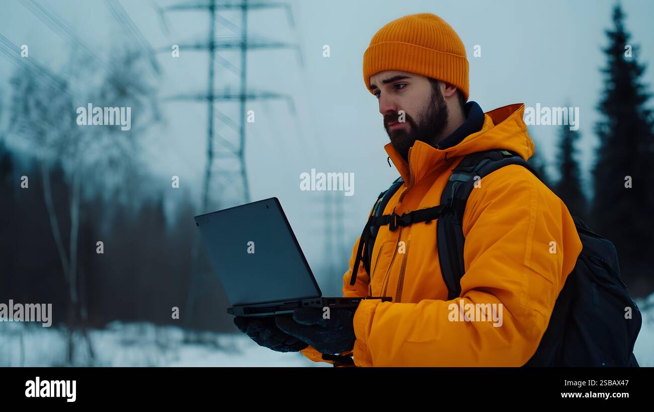 Technician inspecting and maintaining power lines with a rugged laptop ...