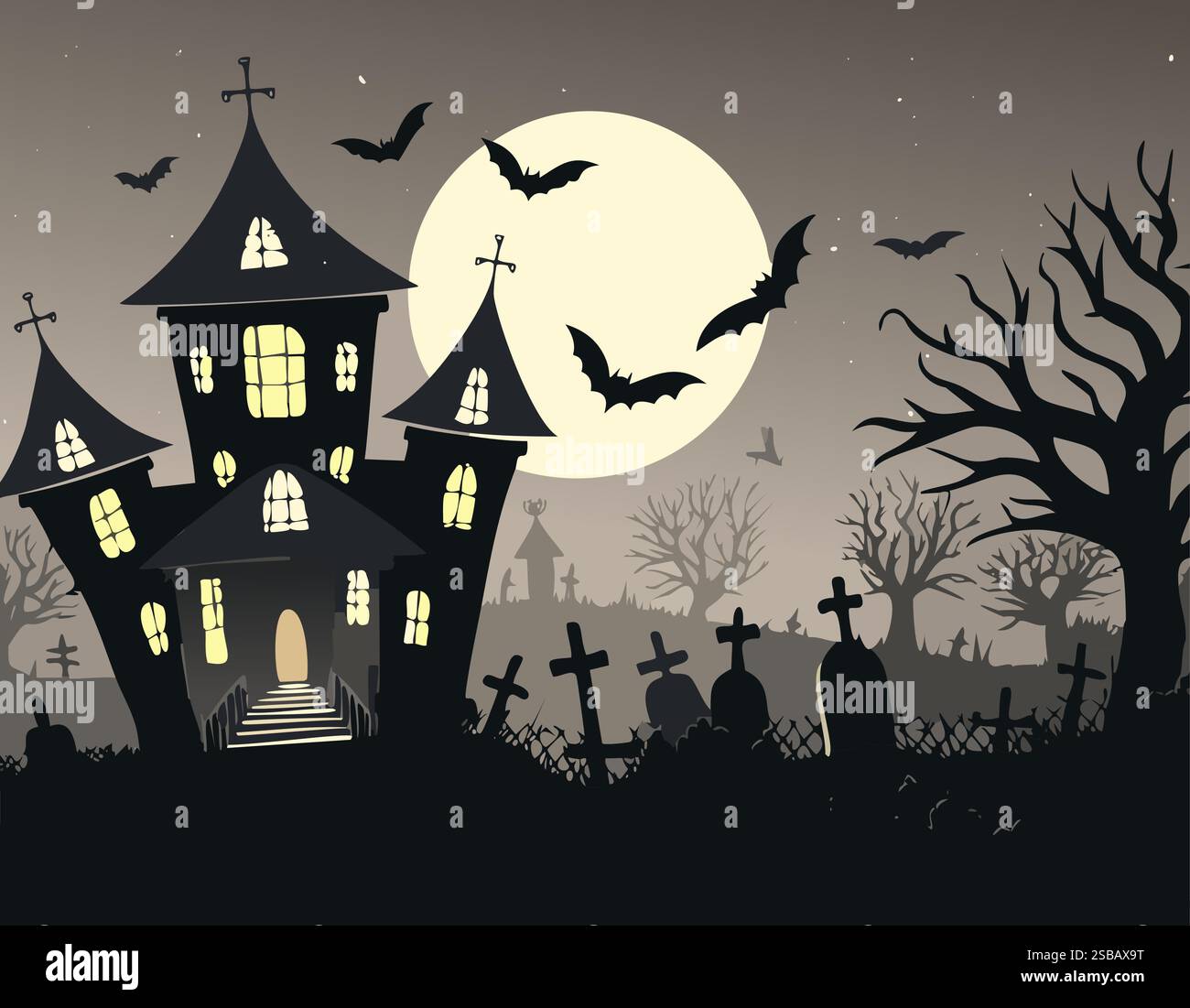 A haunted house stands ominously beneath a full moon, with crooked ...