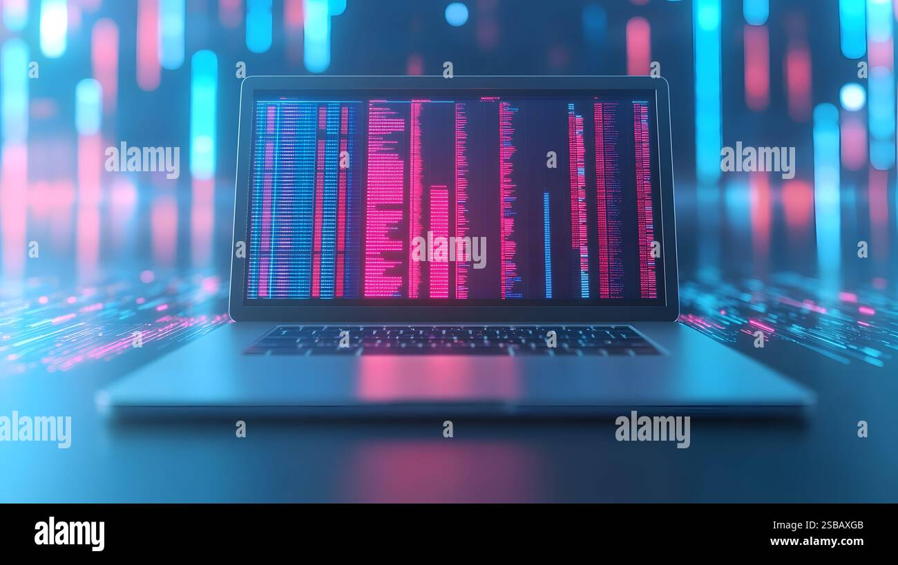 Detailed 3D of an open laptop computer with glowing analytics panels ...