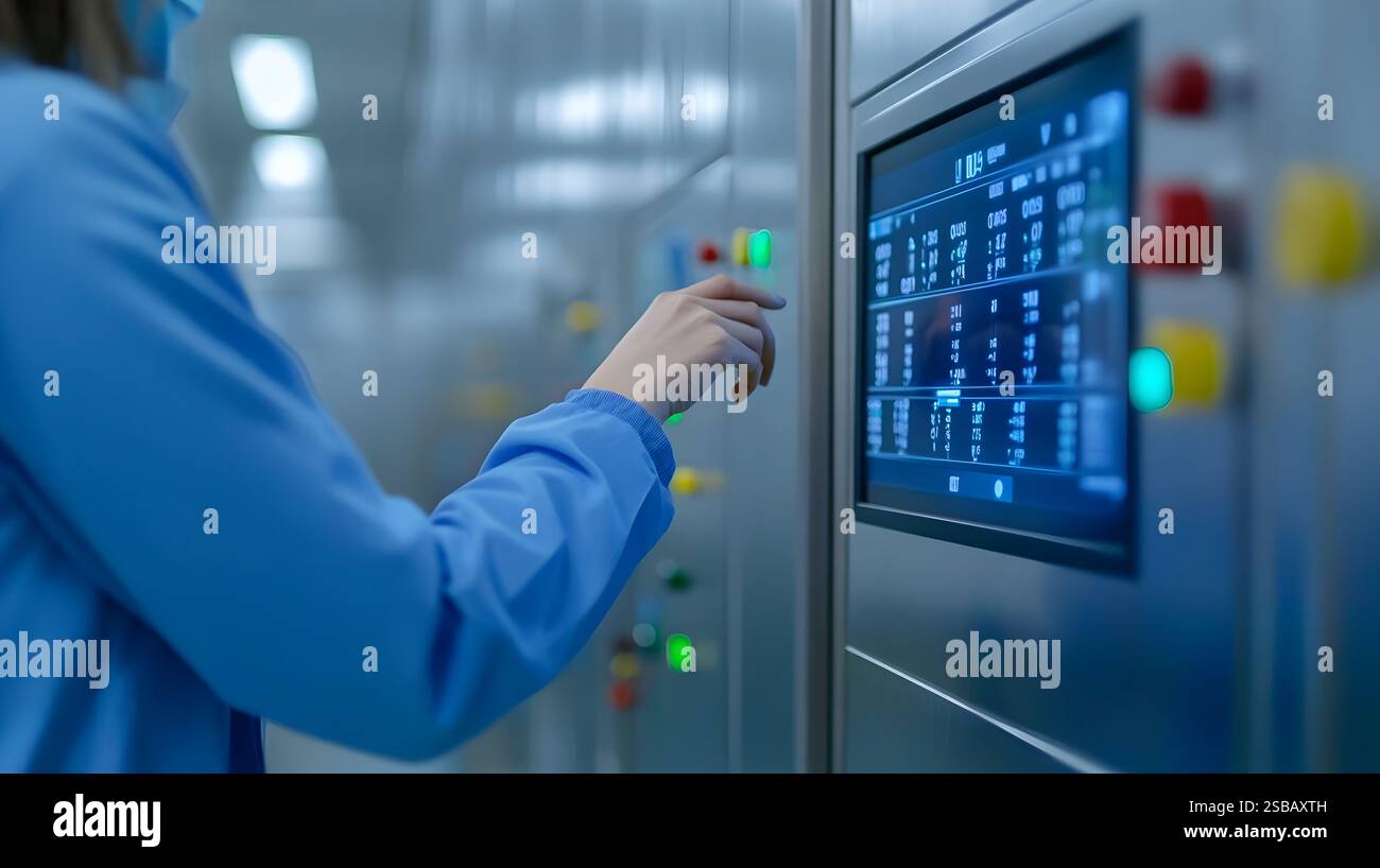 Factory Employee Monitoring Digital Cleaning Schedule on Touchscreen ...