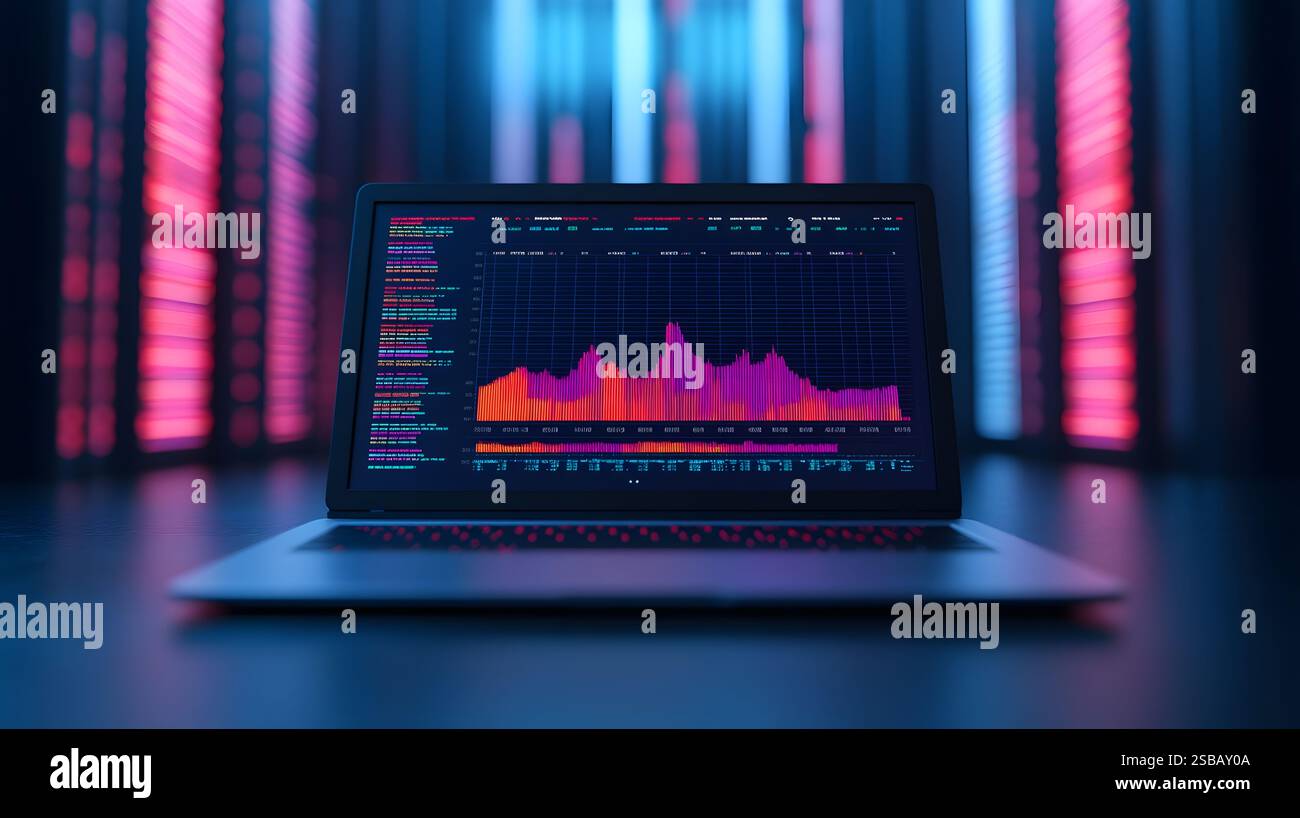 Illuminated analytics interface on laptop screen with colorful data visualization charts and ...