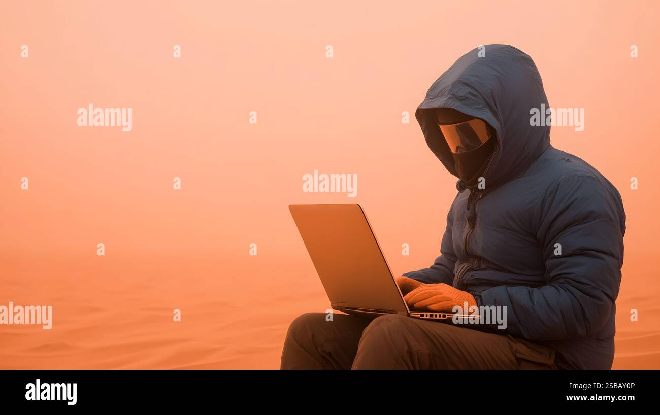 Technician Operating Weatherproof Laptop Computer in Harsh Desert ...