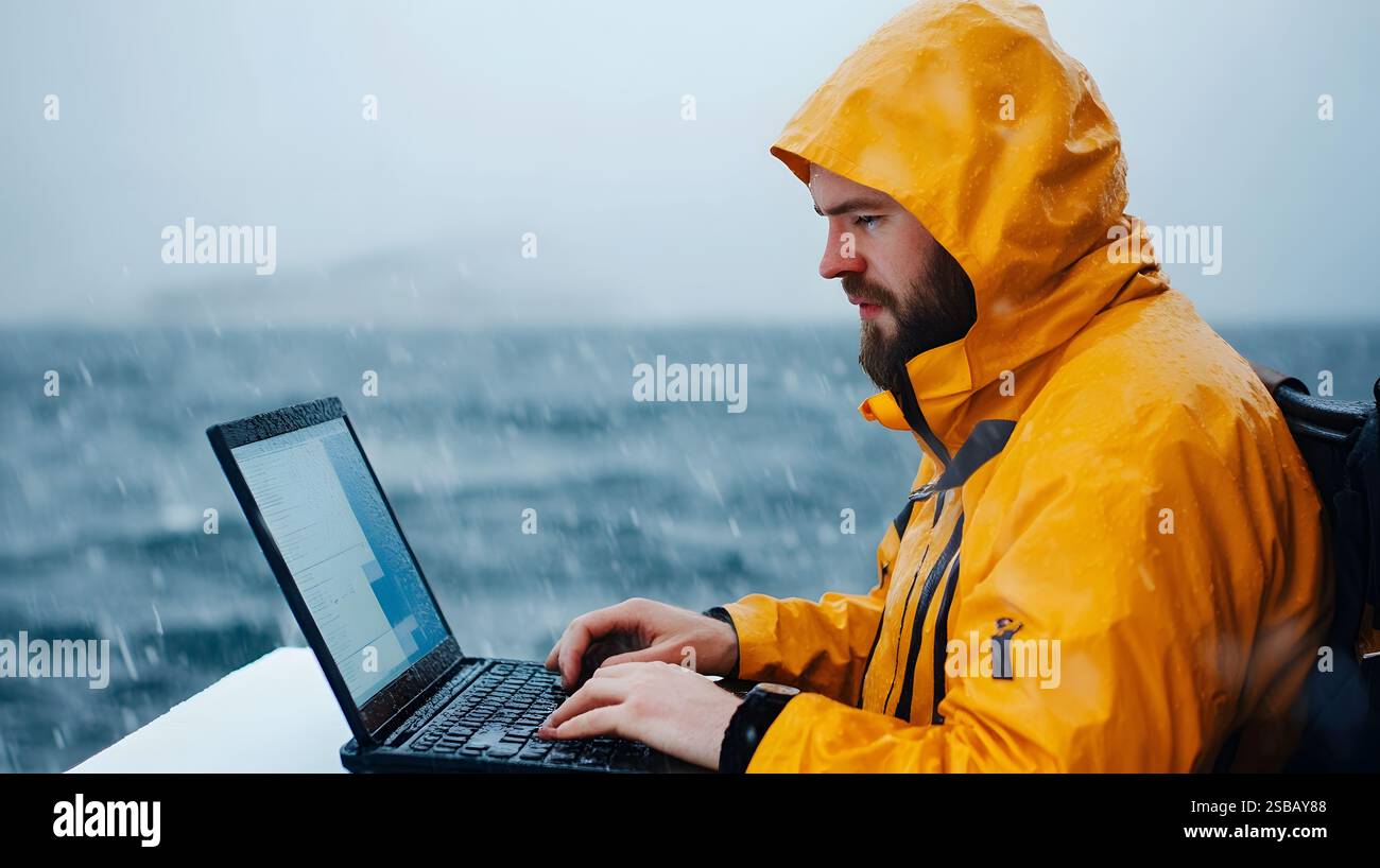 Marine Scientist or Researcher Typing on Splash-Proof Laptop Aboard ...