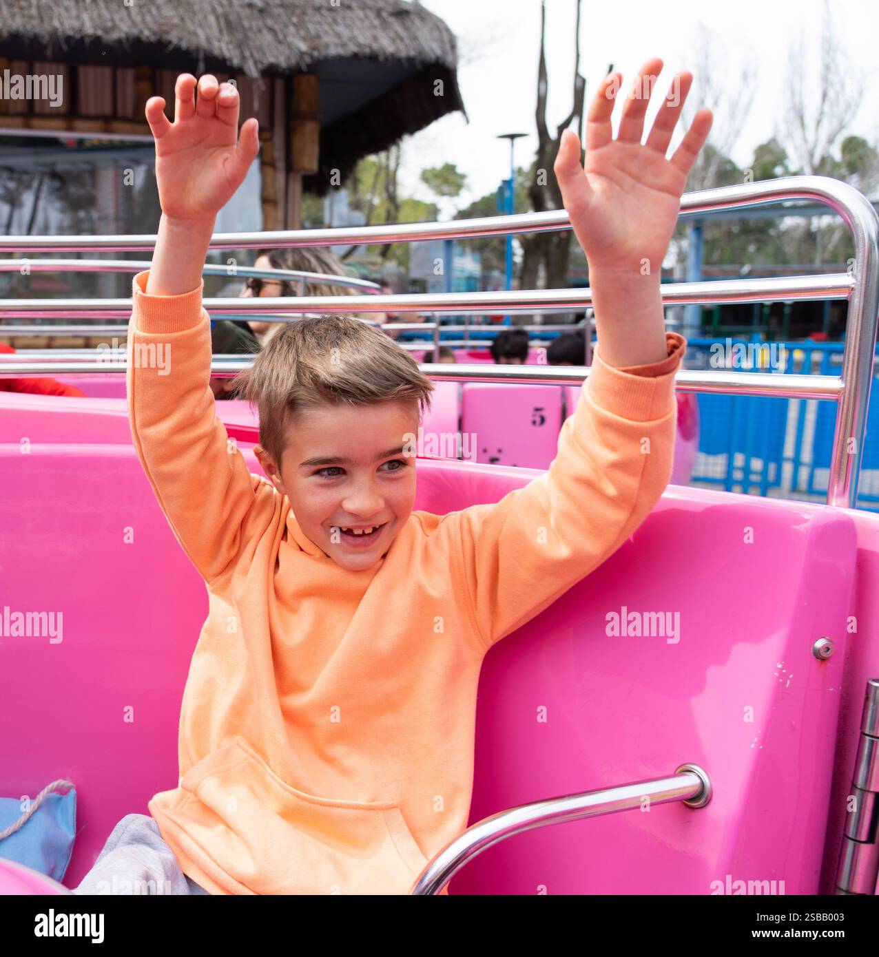 Cheerful child with raised hands enjoys a carousel ride at an amusement ...