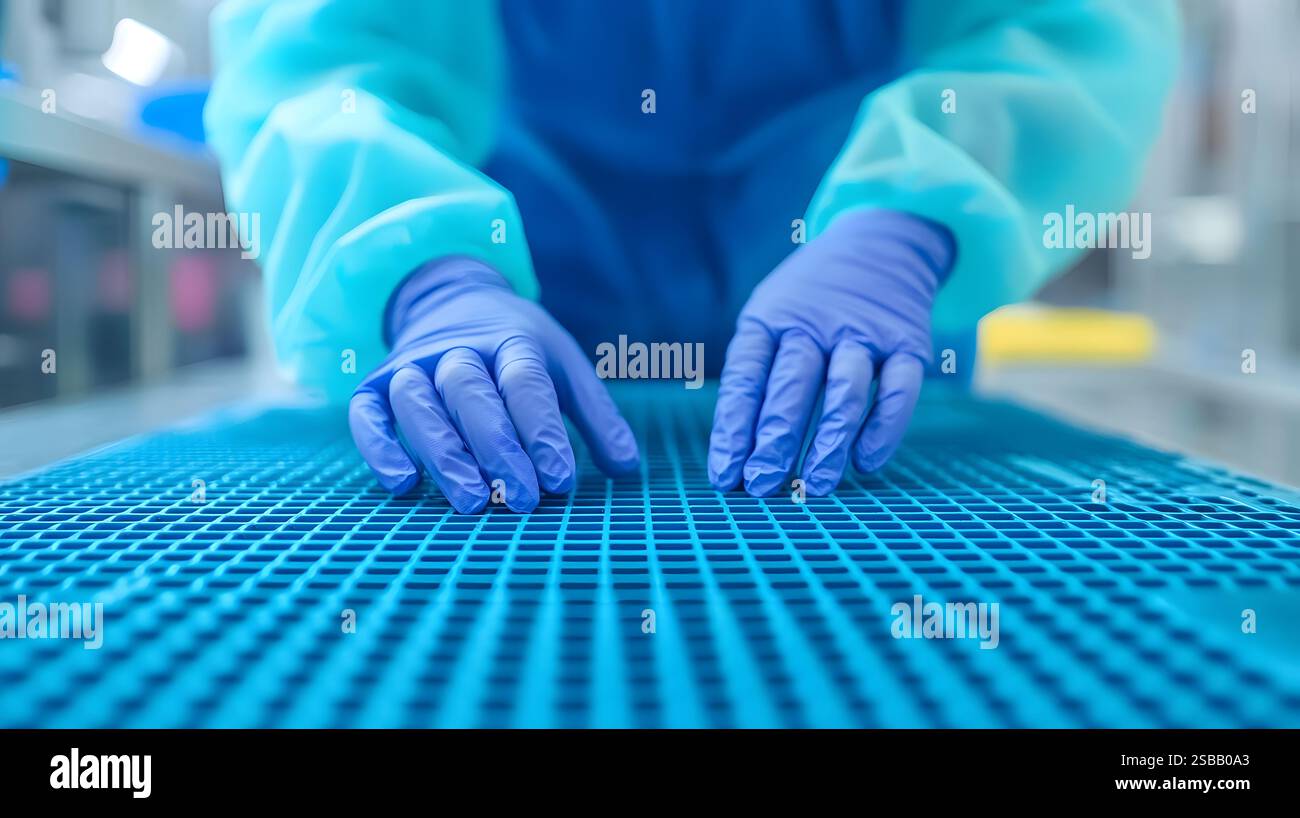 Close-up view of anti-static cleaning tools being used on an electronic ...