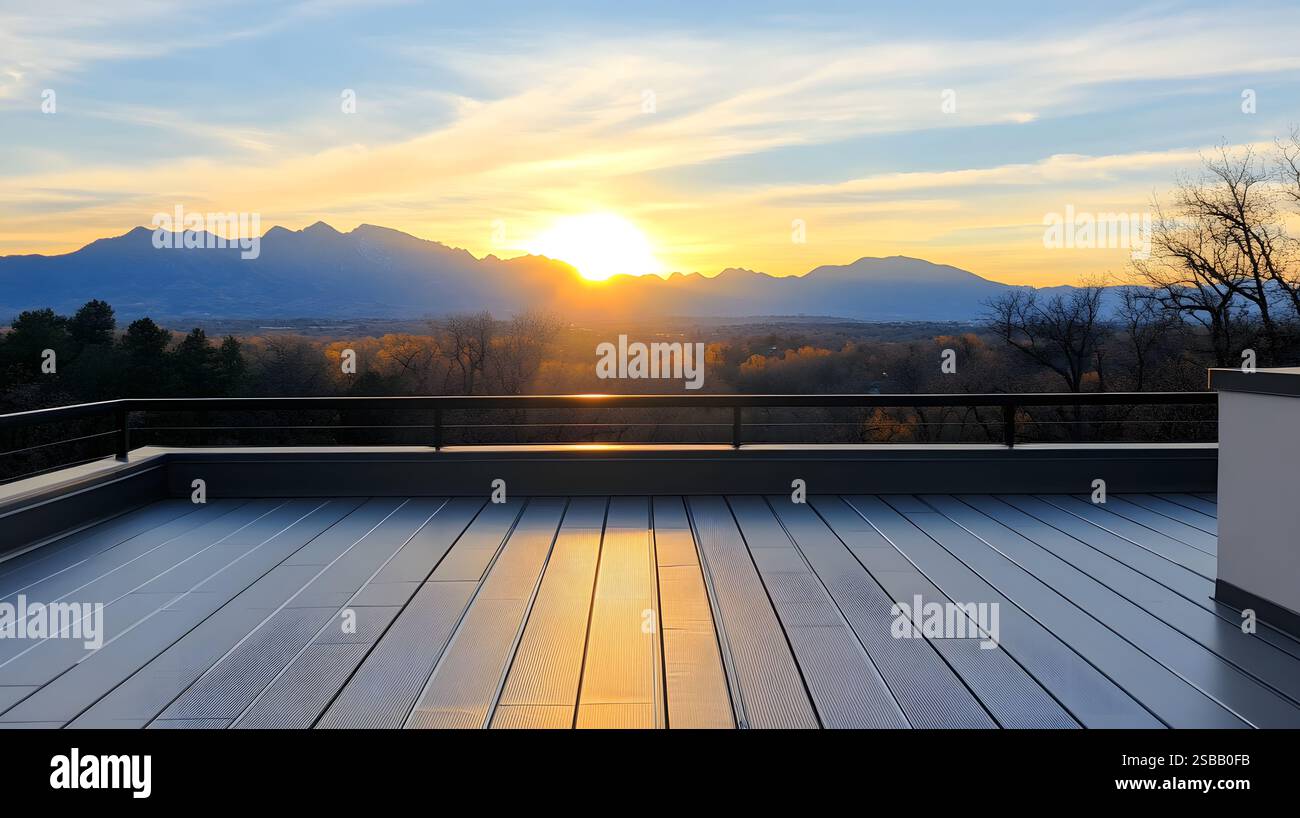 Rooftop solar panel array with a scenic mountain backdrop and bright ...