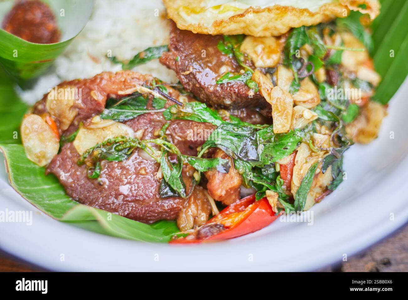 Pad Kra Pao. Thai style holy Basil beef stir fry with fried egg. Thai ...