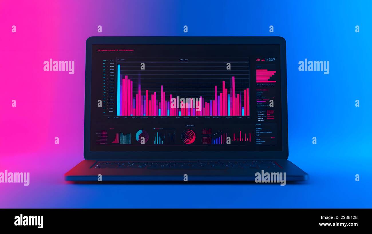 Futuristic laptop displaying a digital dashboard with live data ...