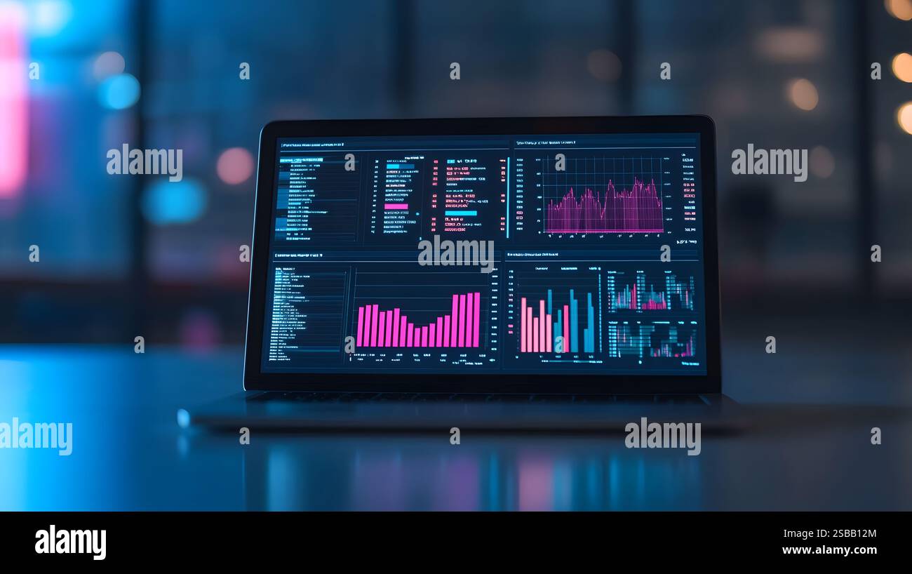 Laptop displaying a futuristic live dashboard with glowing data points,vibrant blue gradient ...