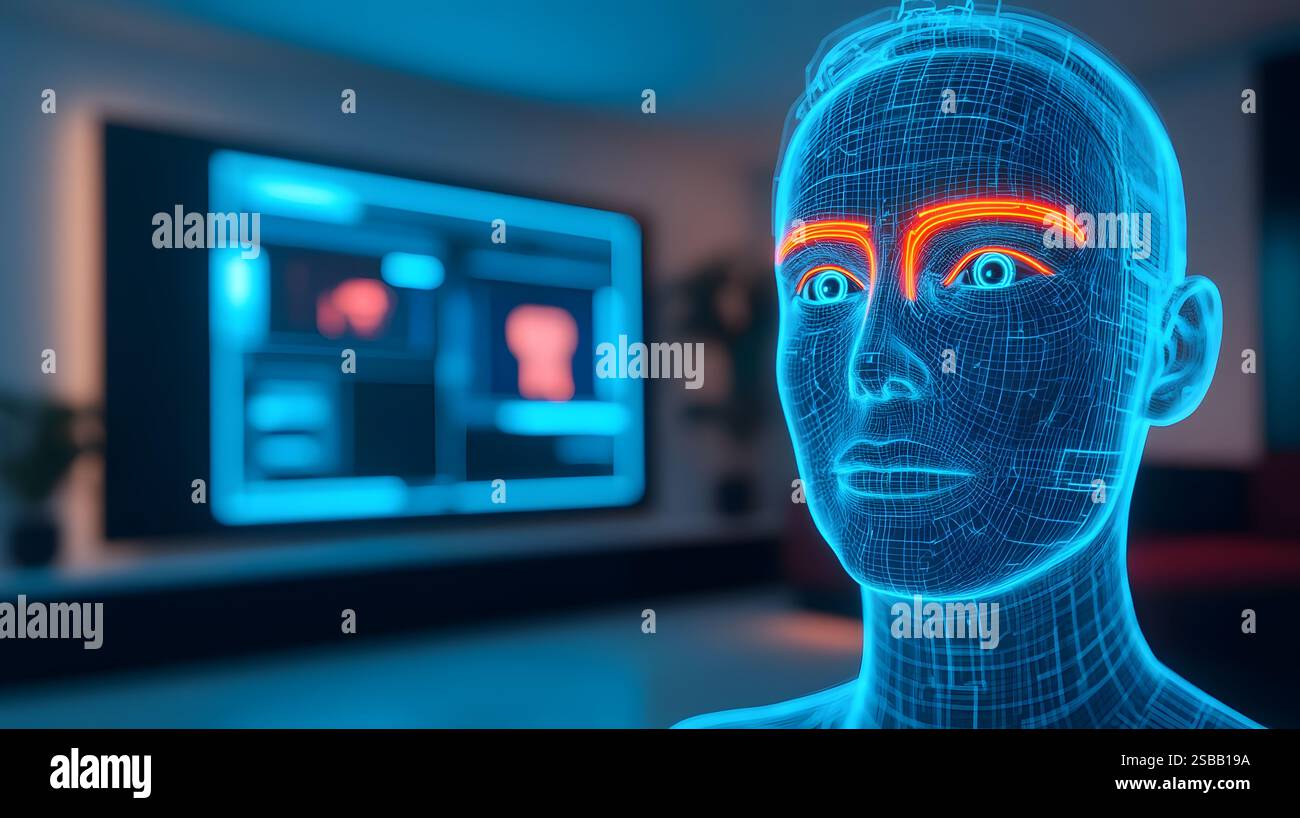 Futuristic smart home interactive display seamlessly responding to eye movements,enabling ...