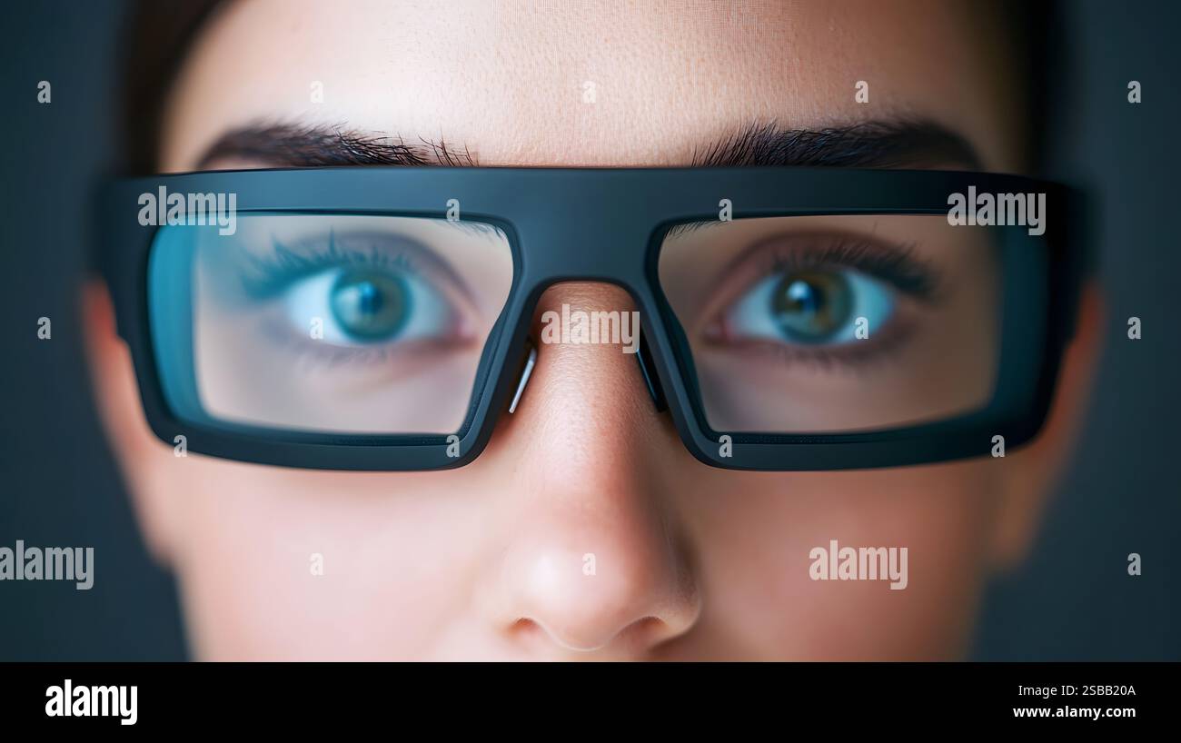 Detailed close-up view of a user wearing specialized eye-tracking ...
