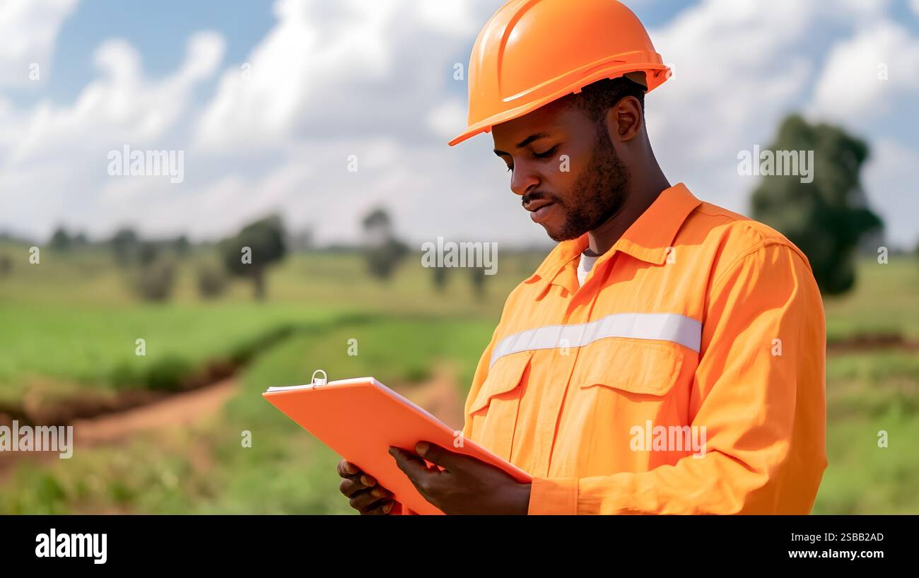 Field Worker Wearing Protective Gear Referencing a Standard Operating ...