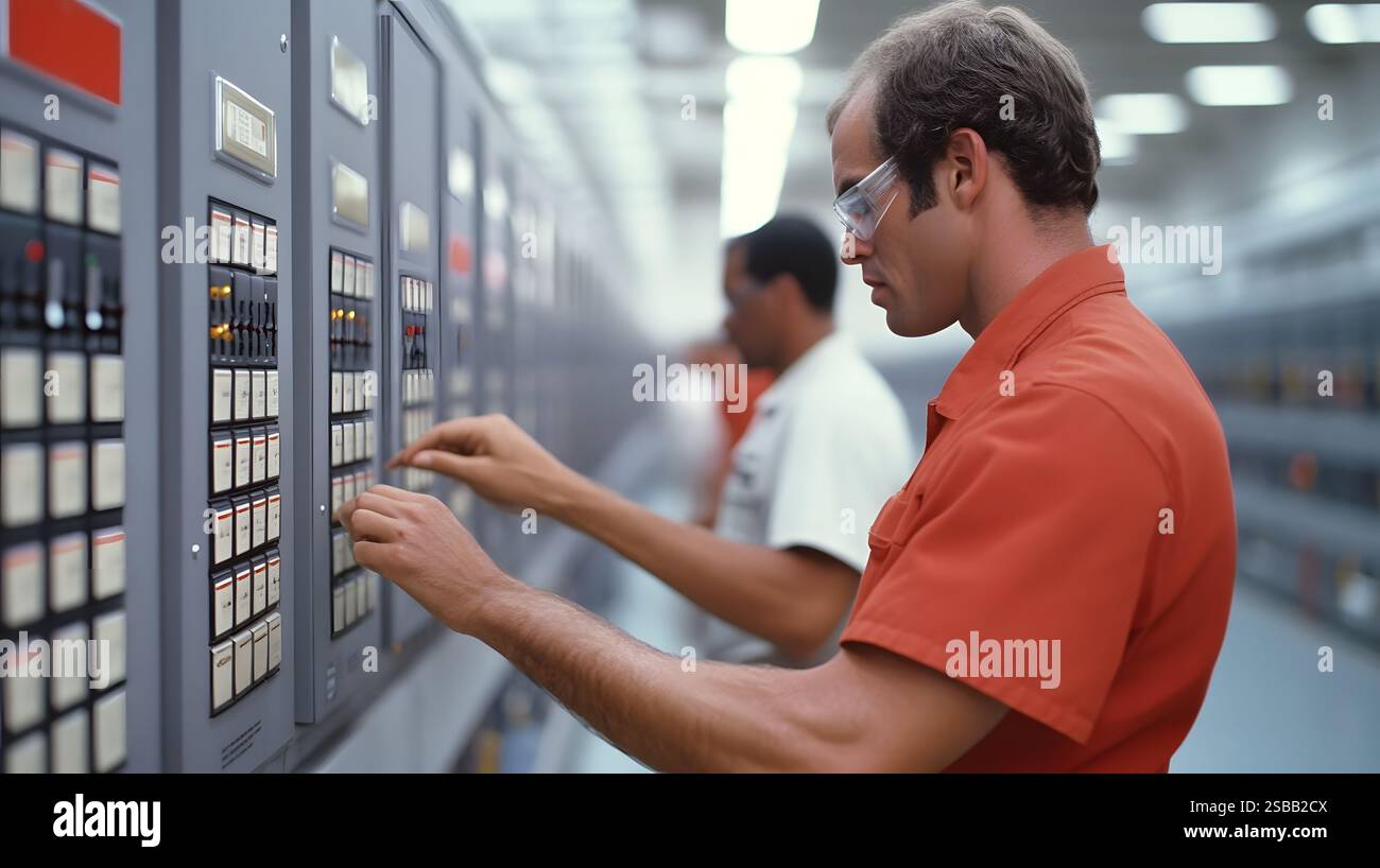 Factory workers standing at an assembly line Stock Photo - Alamy
