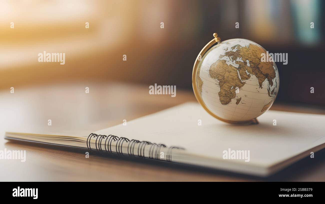 Transparent glass globe with a faint reflection of a map placed on an ...
