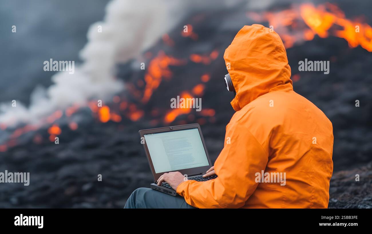 A worker utilizing a heat-resistant laptop in the middle of a volcanic ...