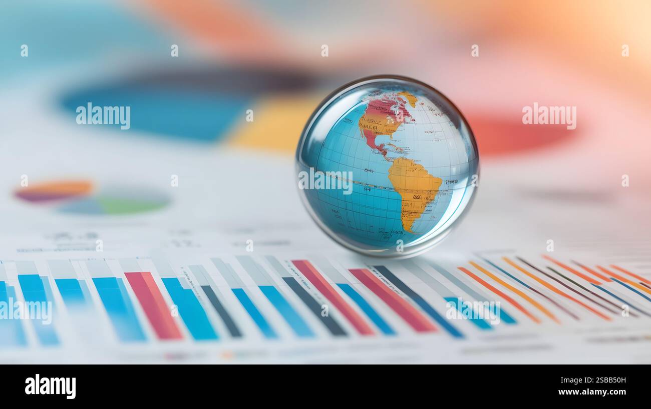 Elegant glass globe positioned on a vibrant infographic visualizing ...