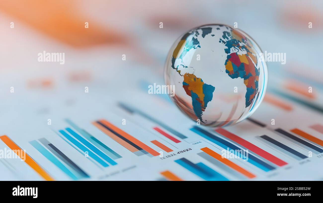 Elegant glass globe positioned on a colorful infographic about global ...