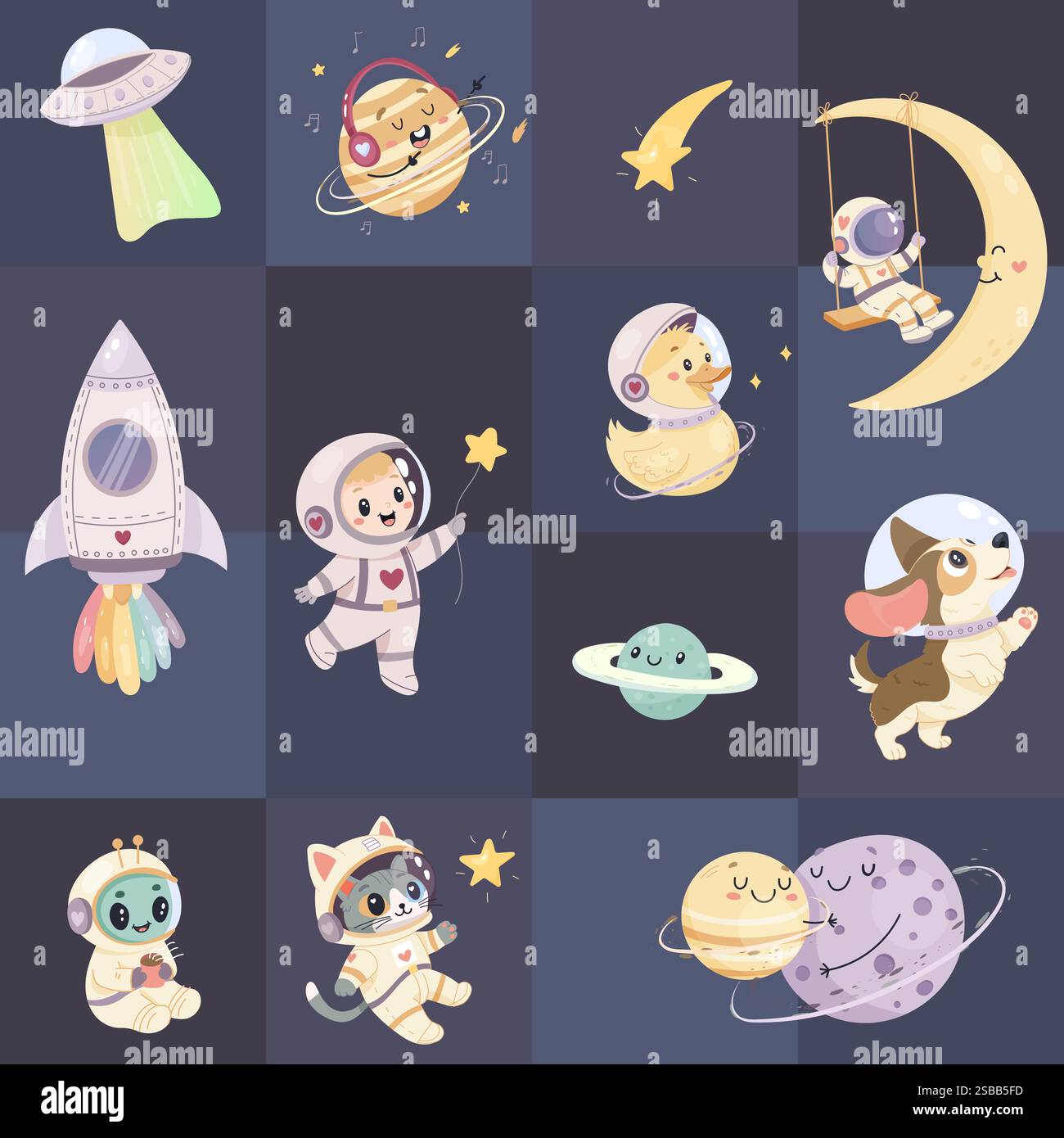 Seamless space pattern, cute space baby pattern. Astronaut cat, dog ...