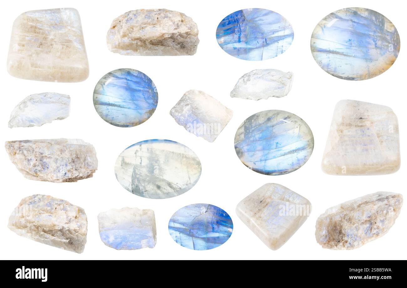 set of various samples of raw moonstone minerals isolated on white ...