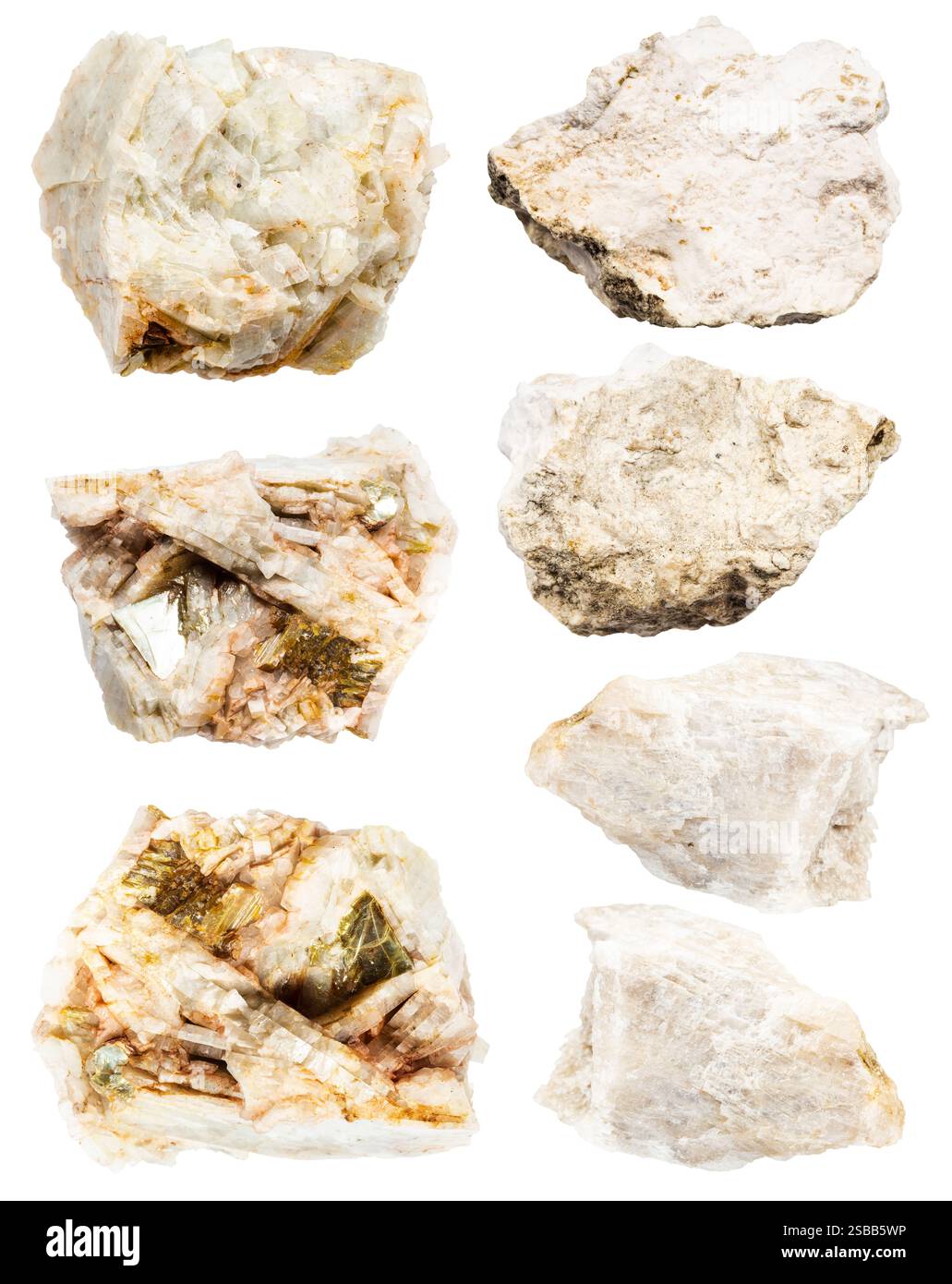 set of various samples of raw albite minerals isolated on white ...