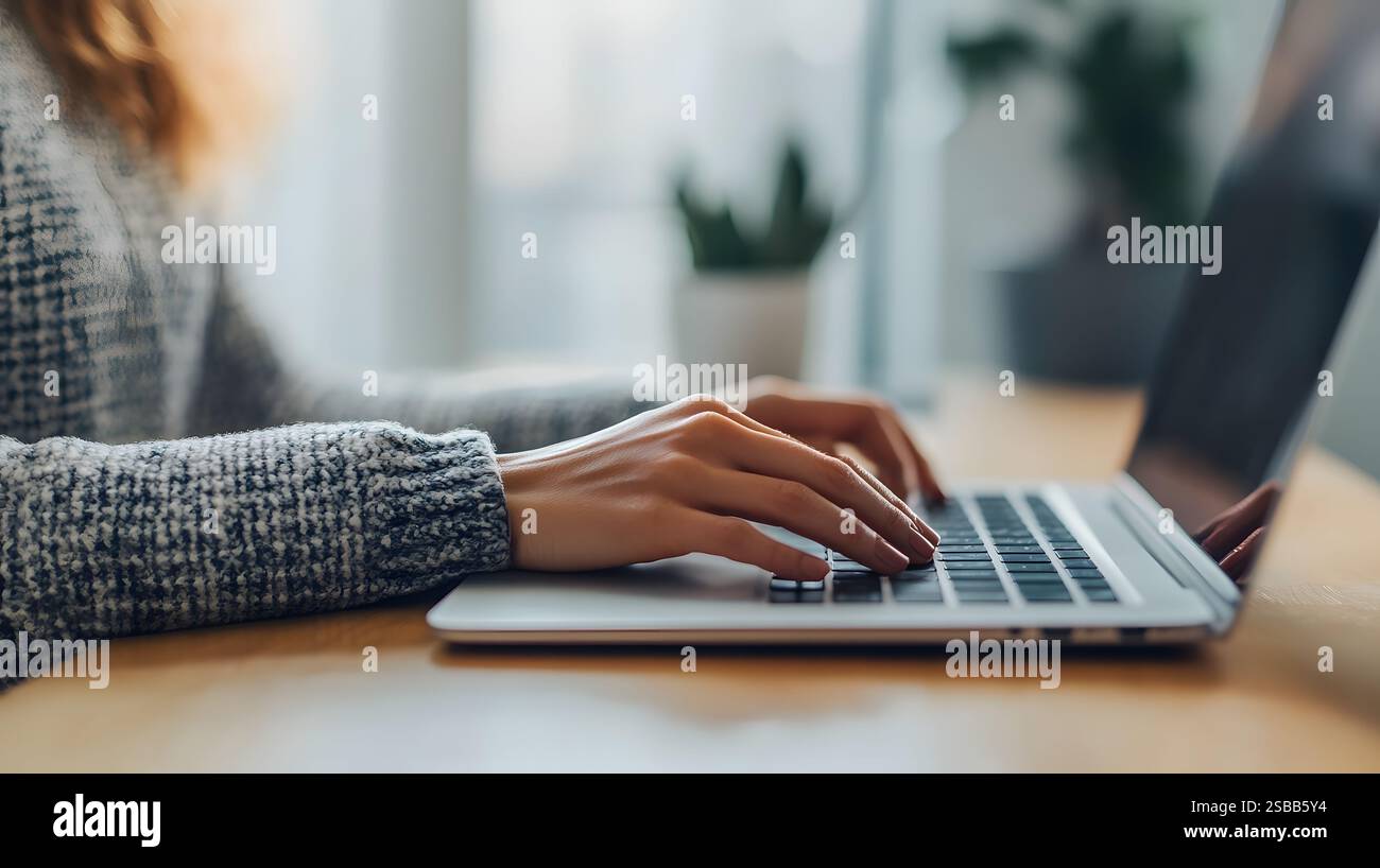Woman Typing on Laptop Computer in Contemporary Office Workspace ...