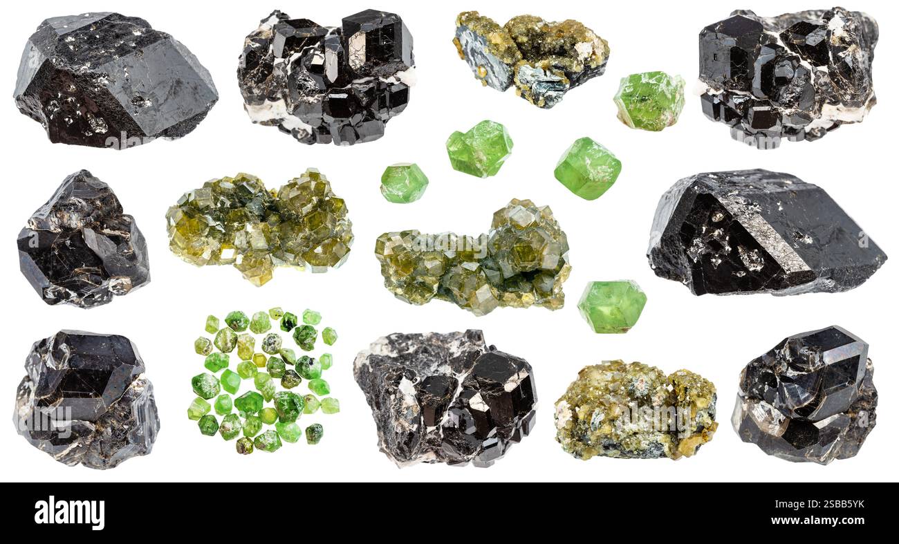 set of various samples of raw andradite minerals isolated on white ...