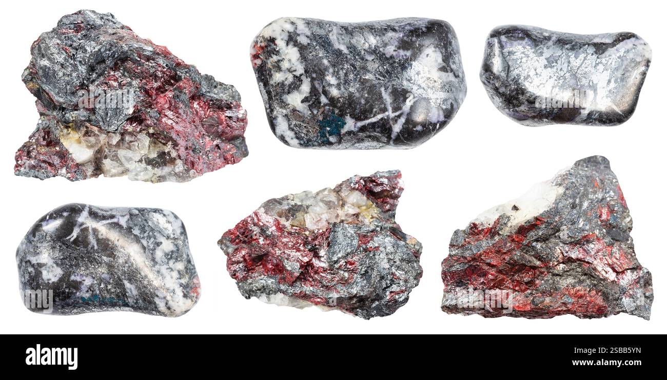 set of various samples of raw stibnite with cinnabar minerals isolated ...