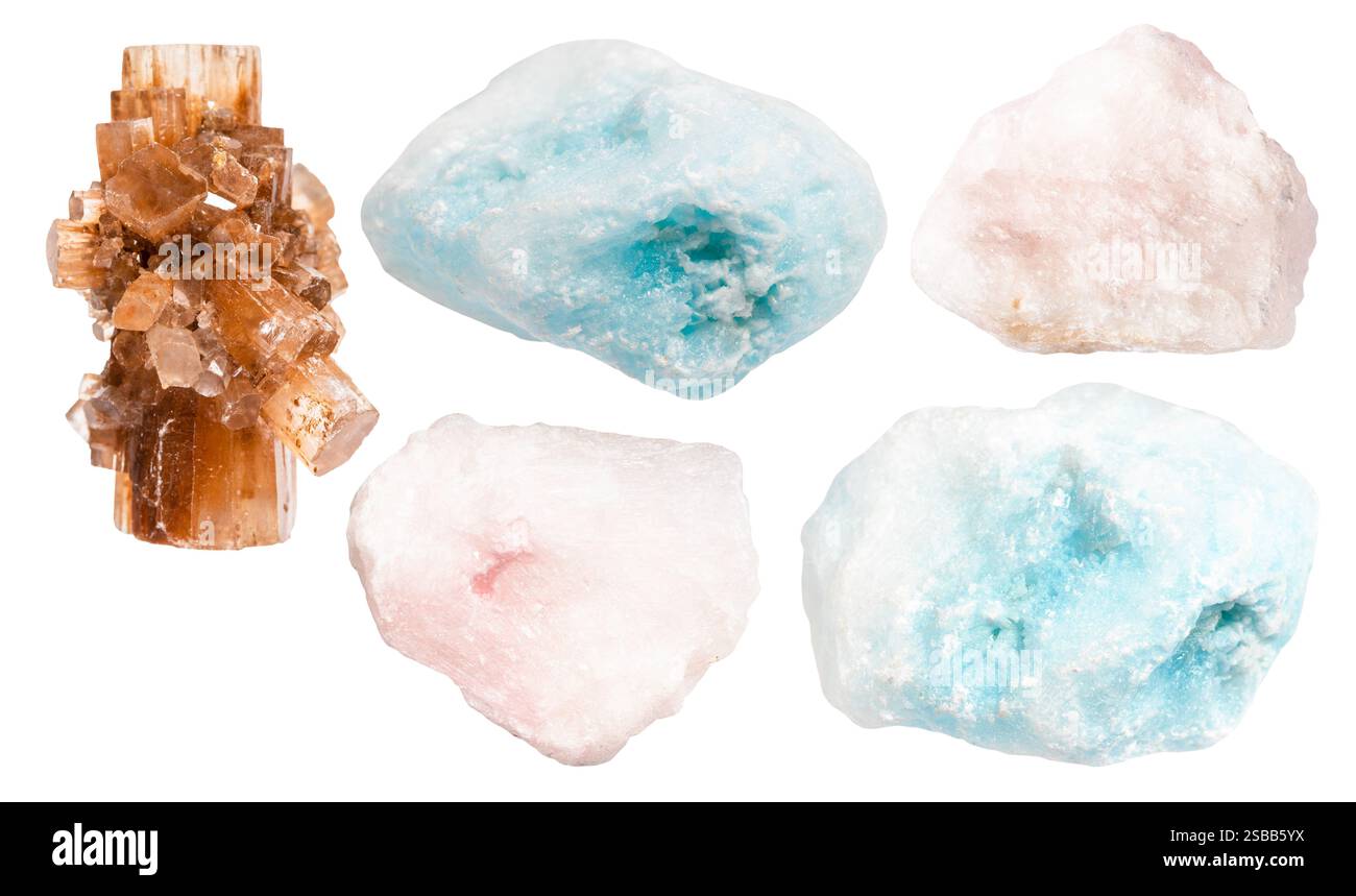 set of various samples of raw aragonite minerals isolated on white ...