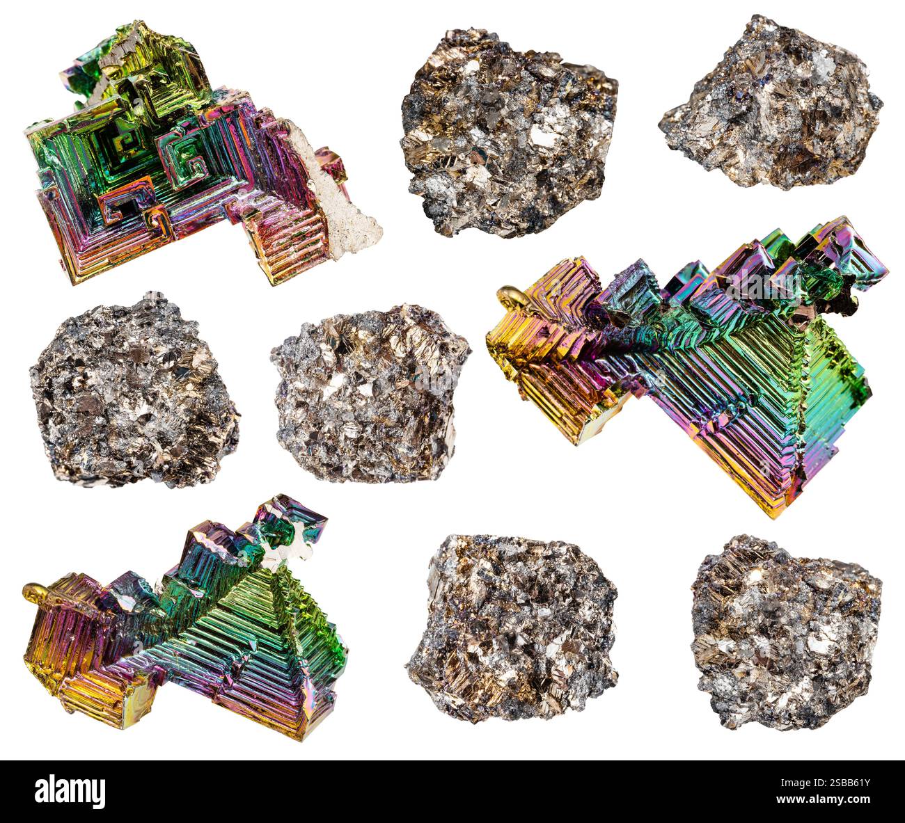 set of various samples of raw bismuth minerals isolated on white ...