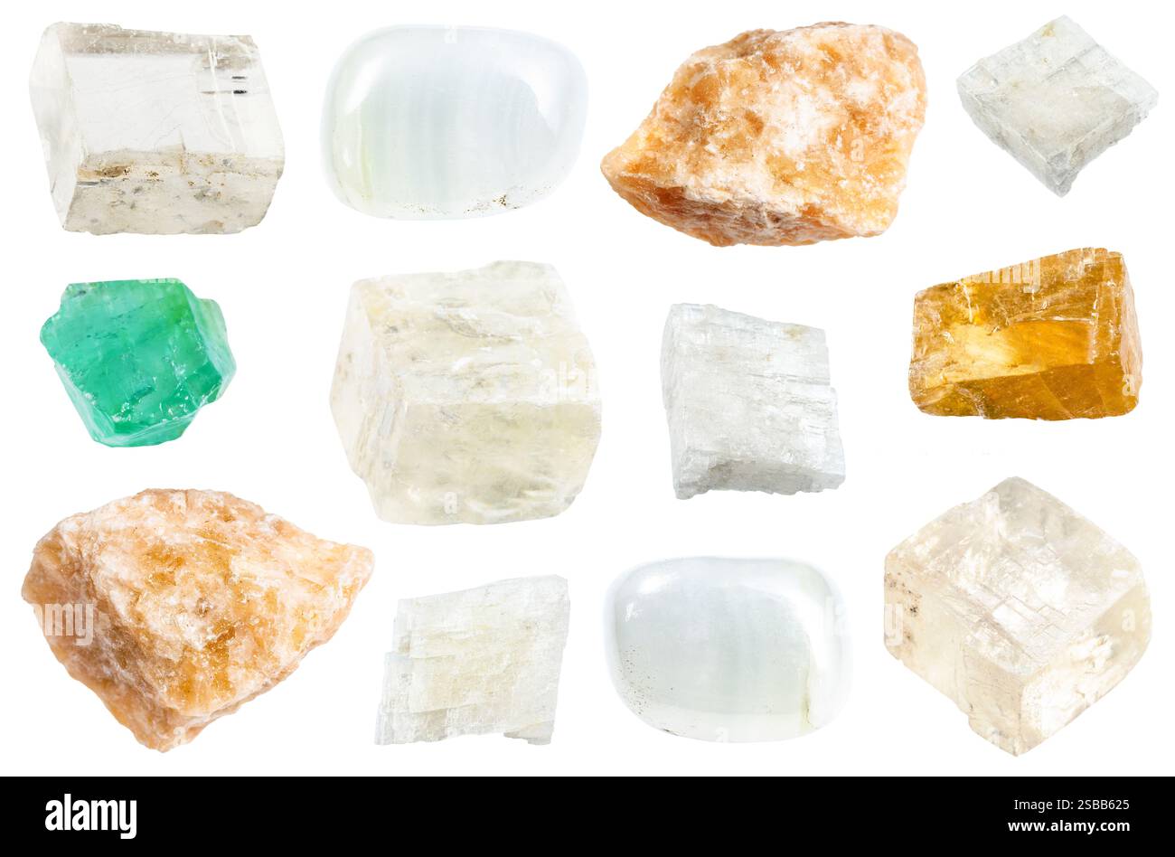 set of various samples of raw calcite minerals isolated on white ...