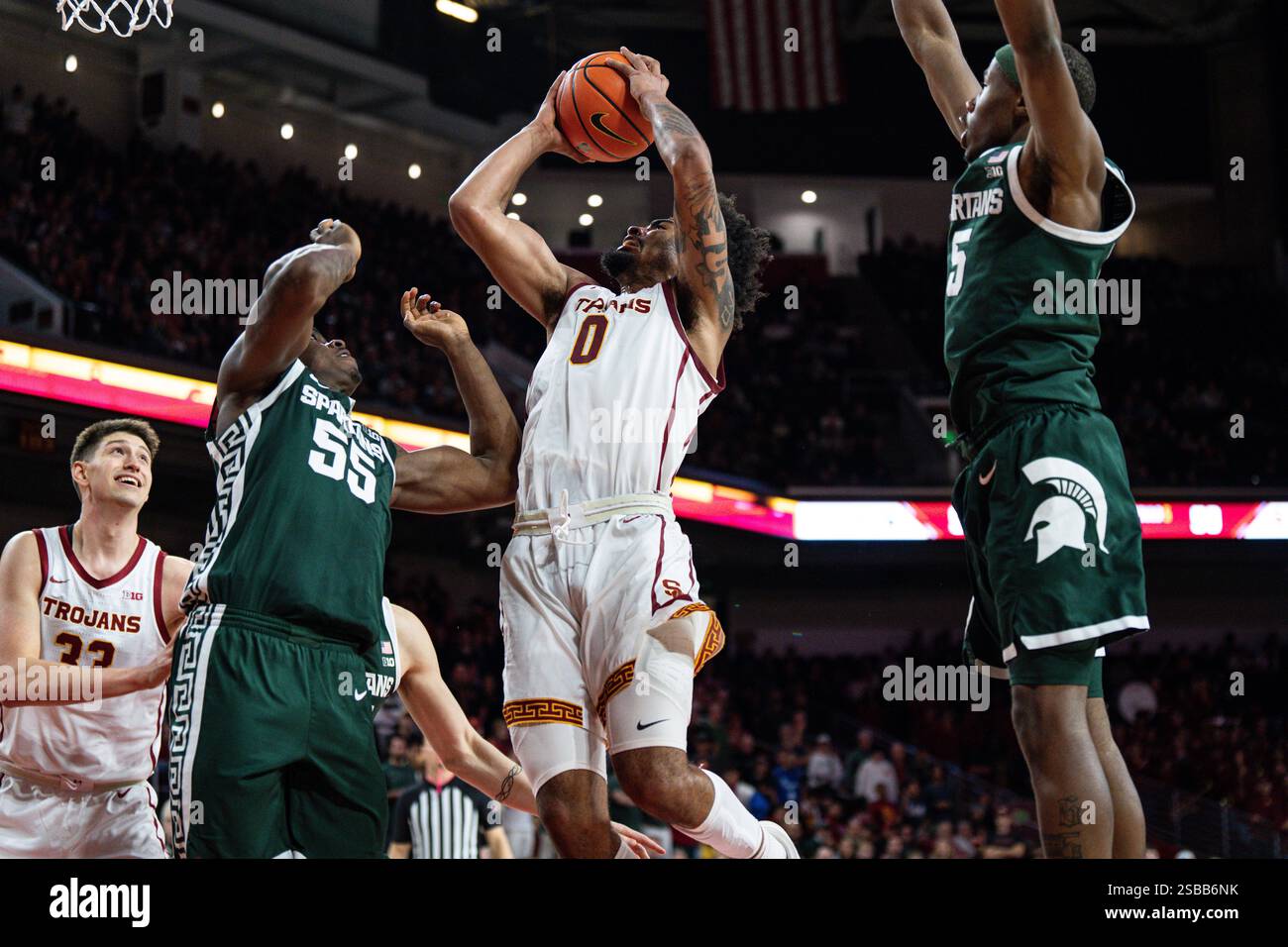 Los Angeles, USA. 1st Feb 2025. USC Trojans forward Saint Thomas (0) shoots over Michigan State ...