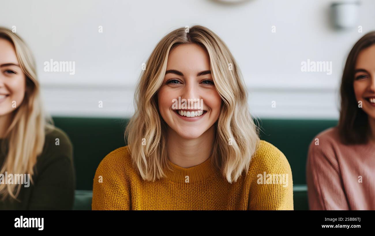 Confident and Charismatic Blonde Woman Smiling Brightly,Promoting Her ...