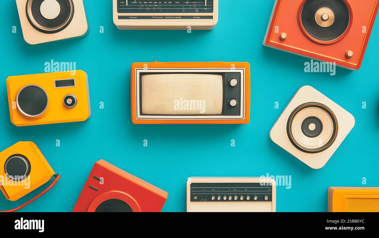 Vintage audio equipment including retro radios,turntables,and cassette ...