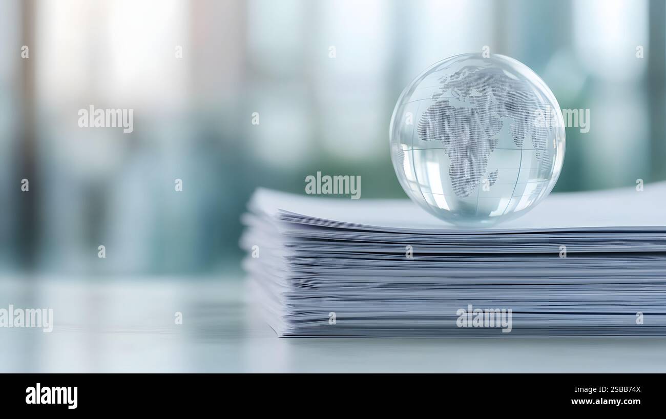 Transparent Glass Globe Resting on a Stack of Neatly Organized Paper ...