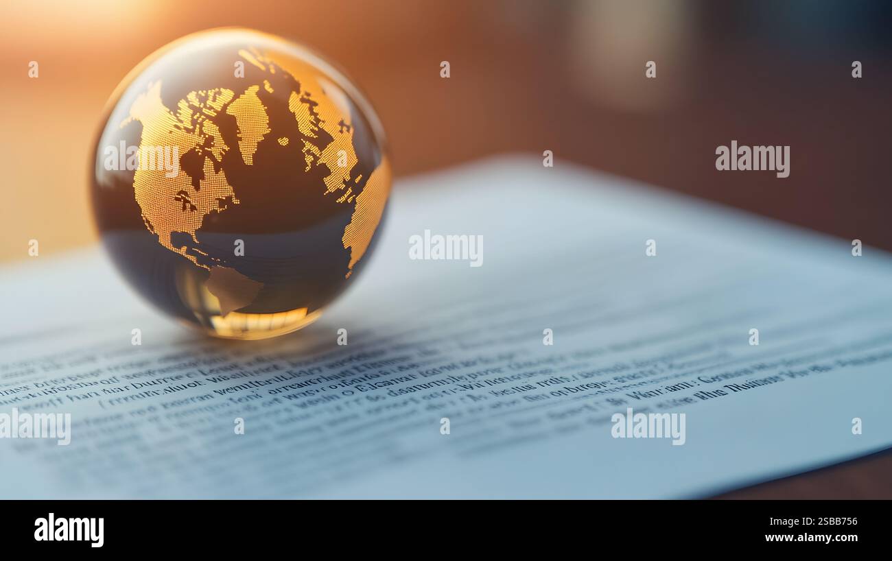 Glowing glass globe reflecting warm sunlight on a signed legal contract ...