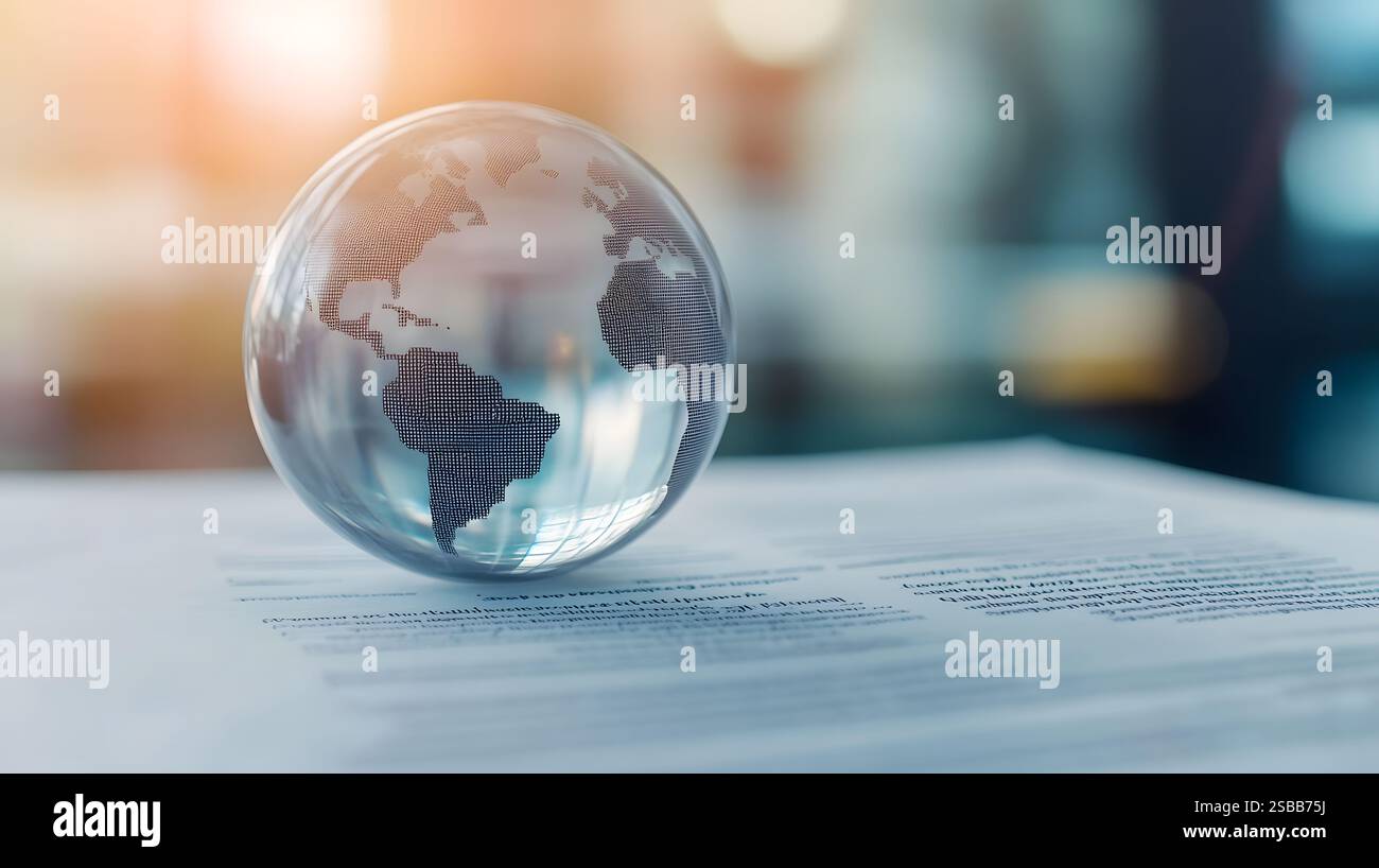 Transparent glass globe reflecting sunlight and casting a worldwide ...