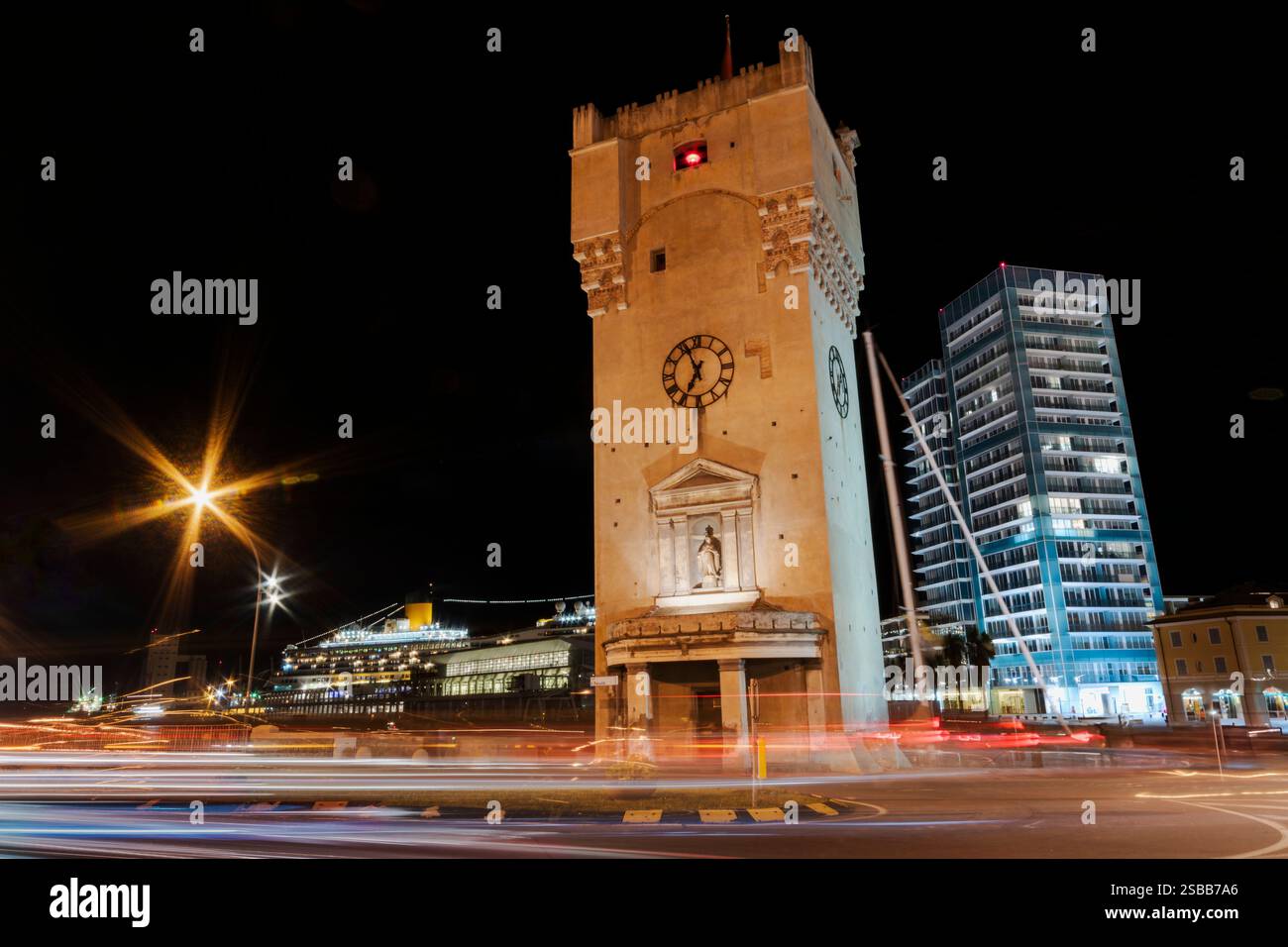 Night view of the city of Savona, Liguria, Italy. The "torretta", the ...