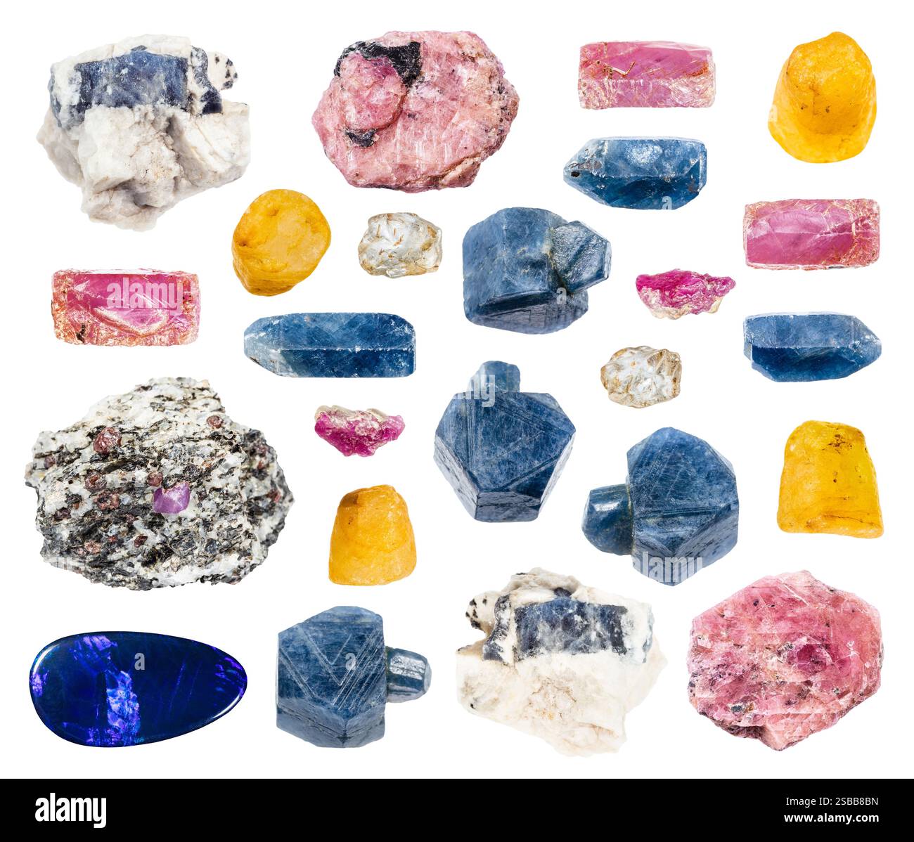 set of various samples of raw corundum minerals isolated on white ...