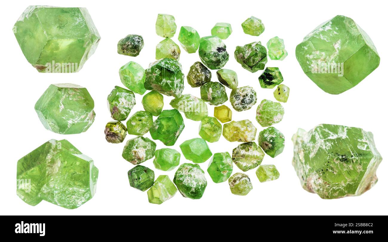 set of various samples of raw demantoid minerals isolated on white ...