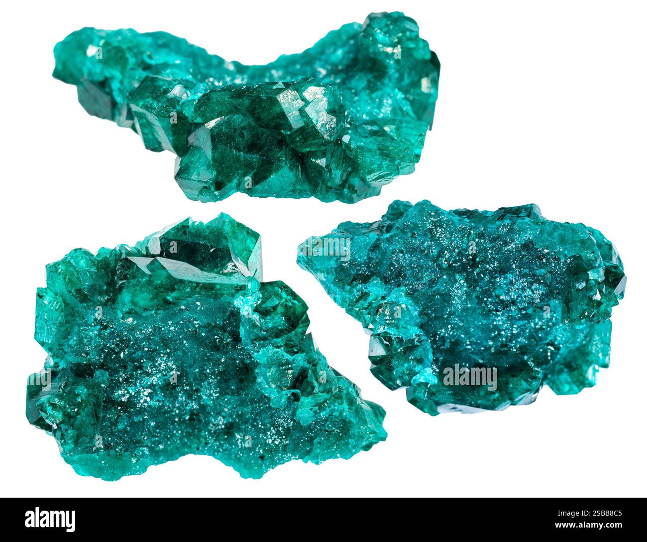 set of various samples of raw dioptase minerals isolated on white ...