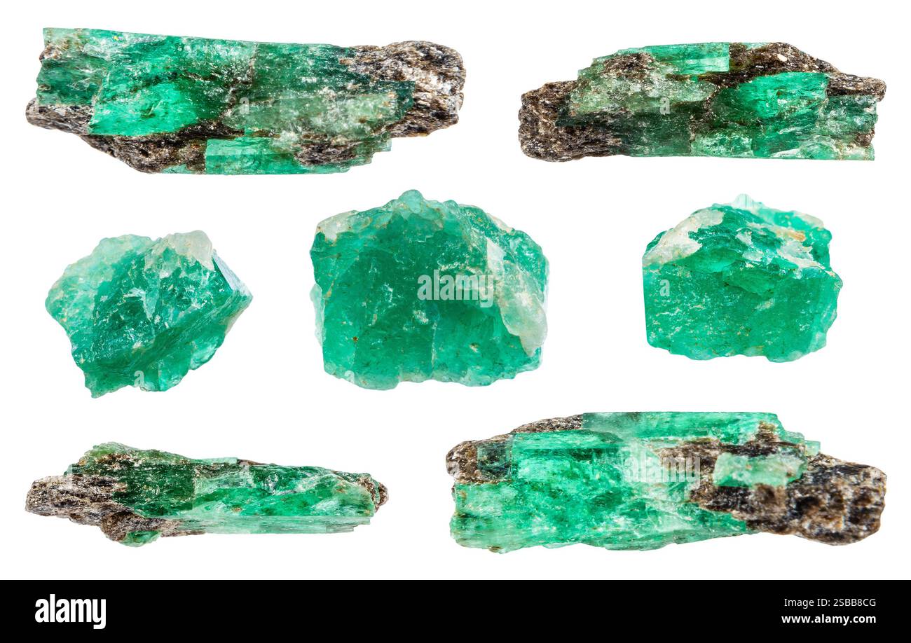 set of various samples of raw emerald minerals isolated on white ...