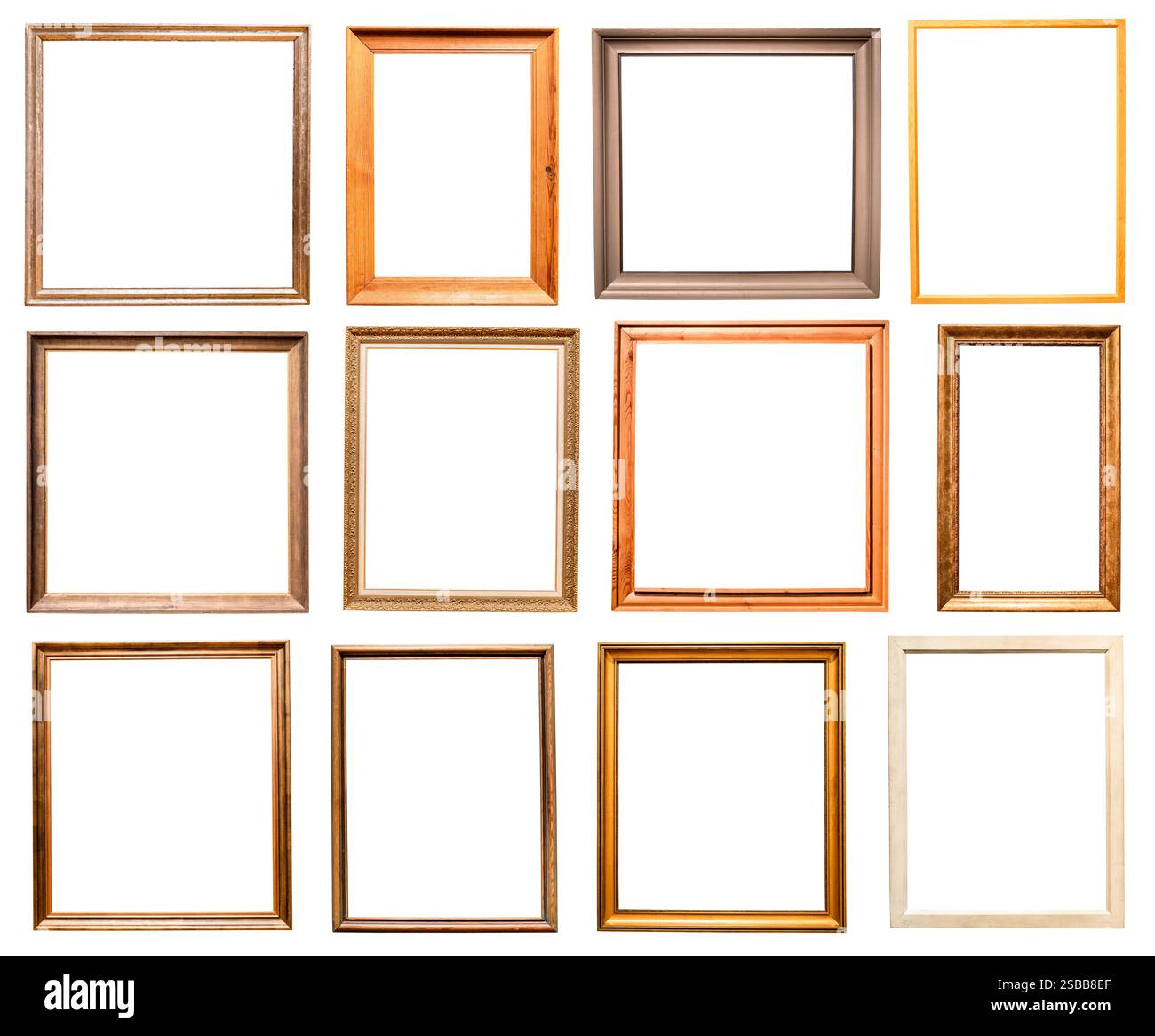 set of various vertical wooden painting frames isolated on white ...
