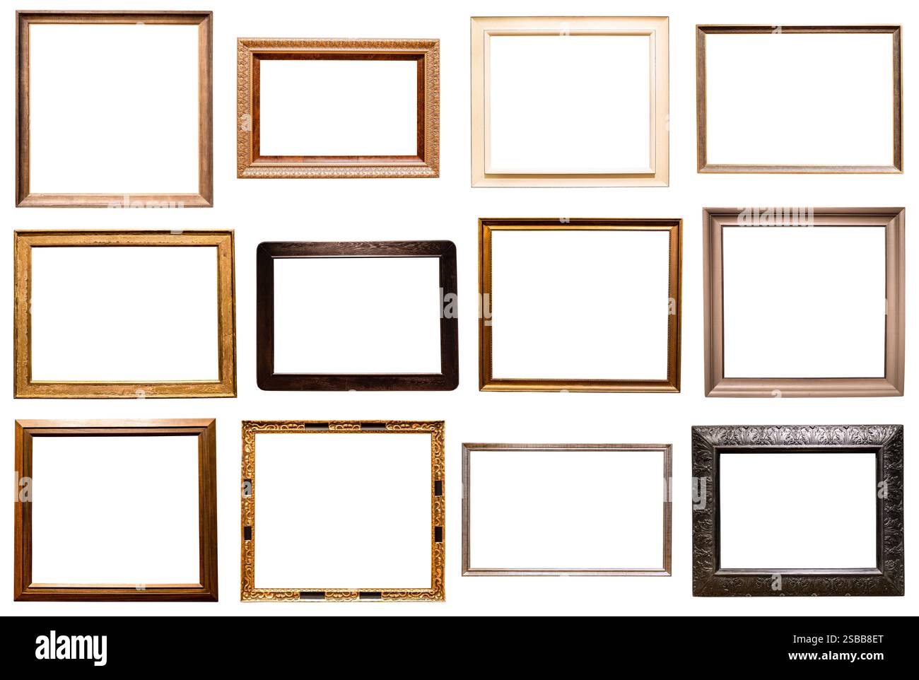set of various horizontal wooden painting frames isolated on white ...