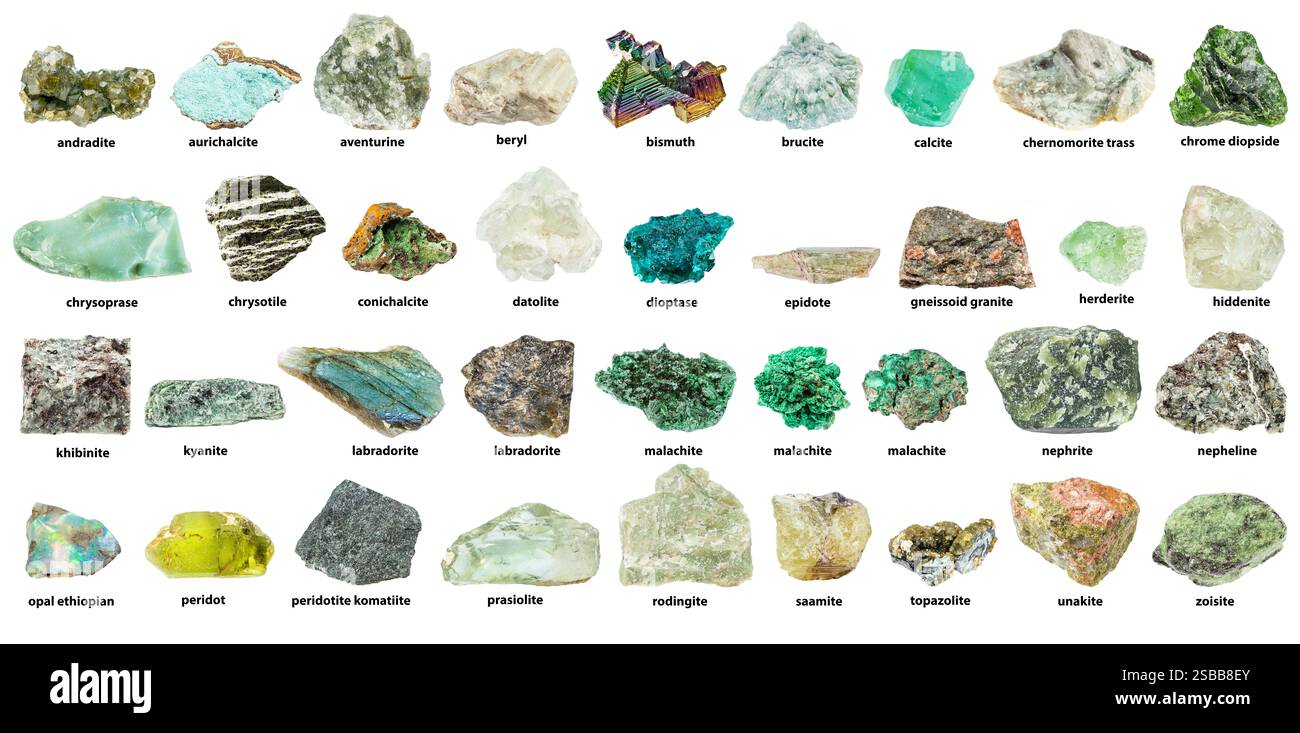 collection of green raw minerals with names isolated on white ...