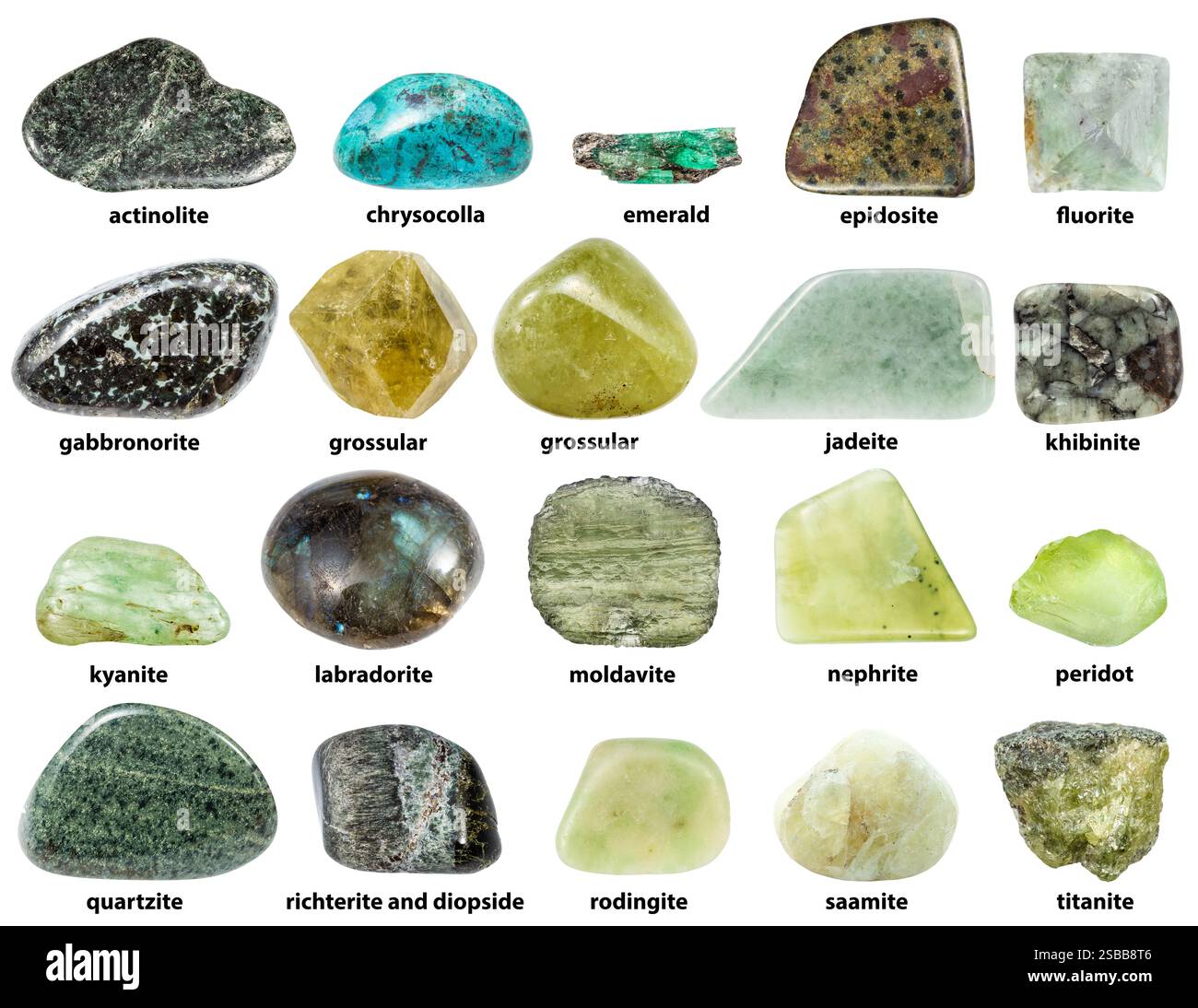 collection of tumbled green minerals with names isolated on white ...