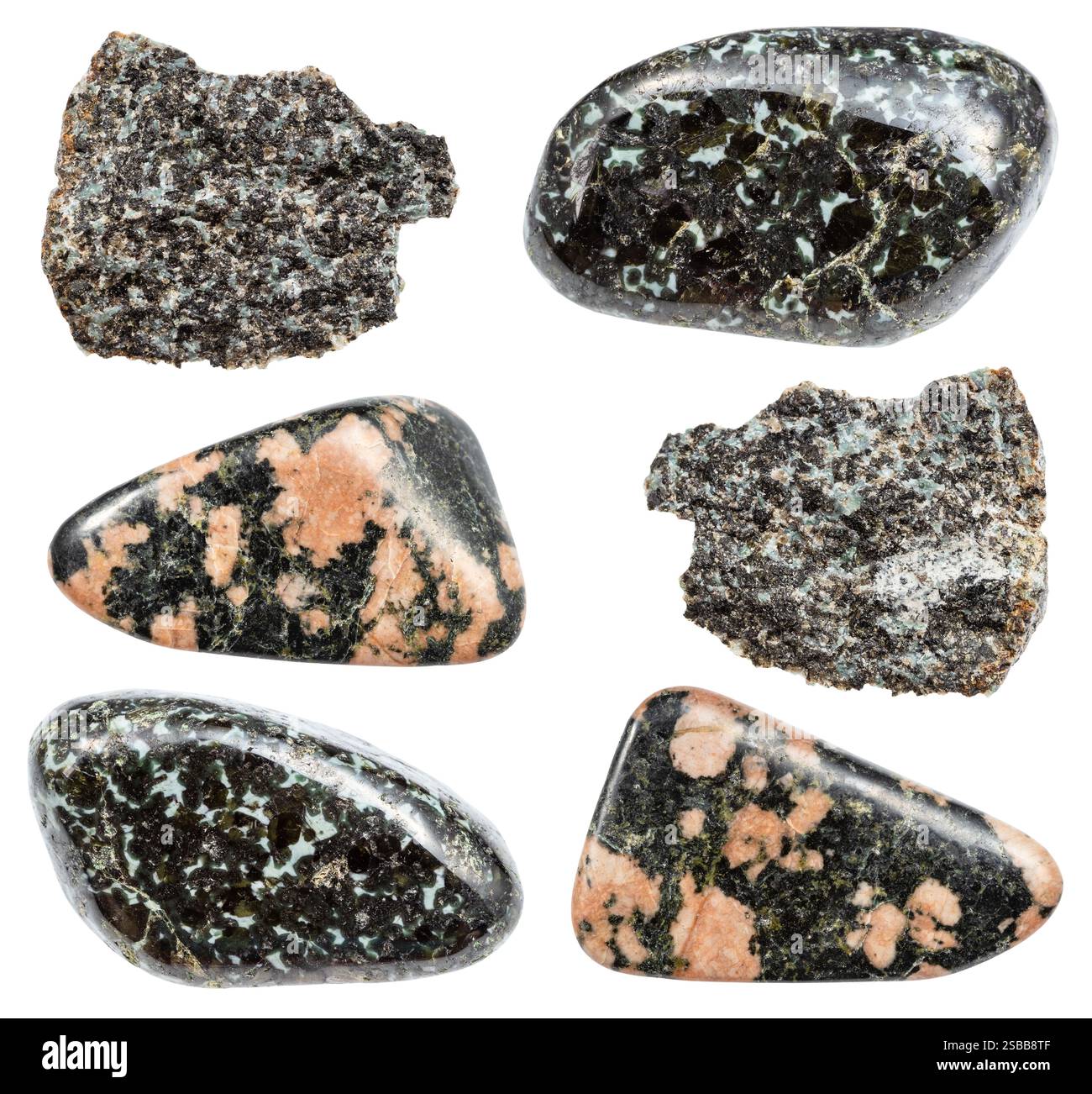 set of various samples of raw gabbro minerals isolated on white ...