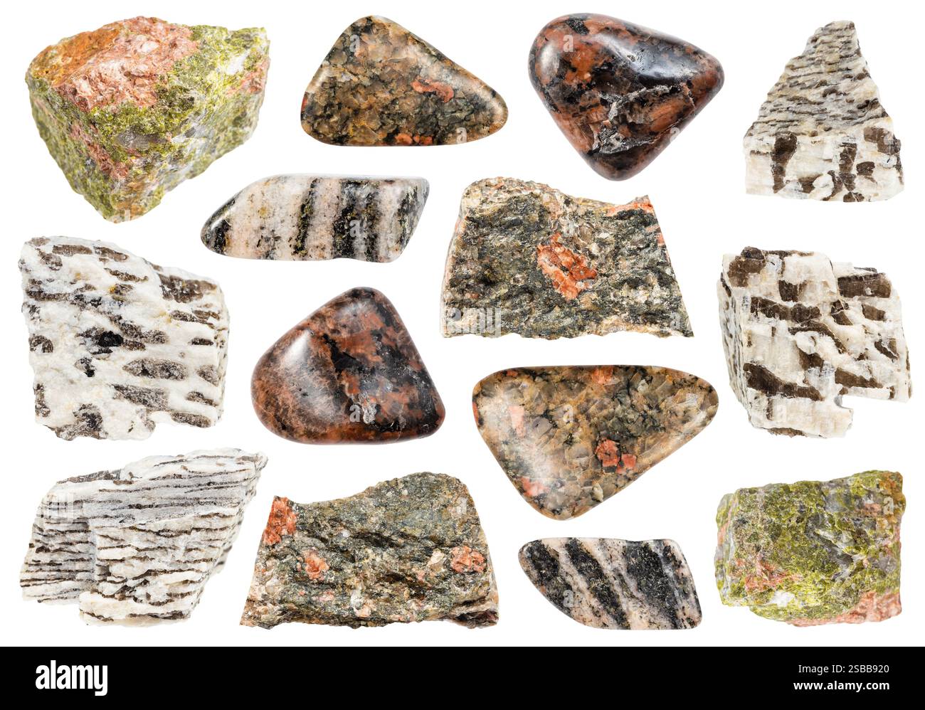 set of various samples of raw gneiss and granite minerals isolated on ...